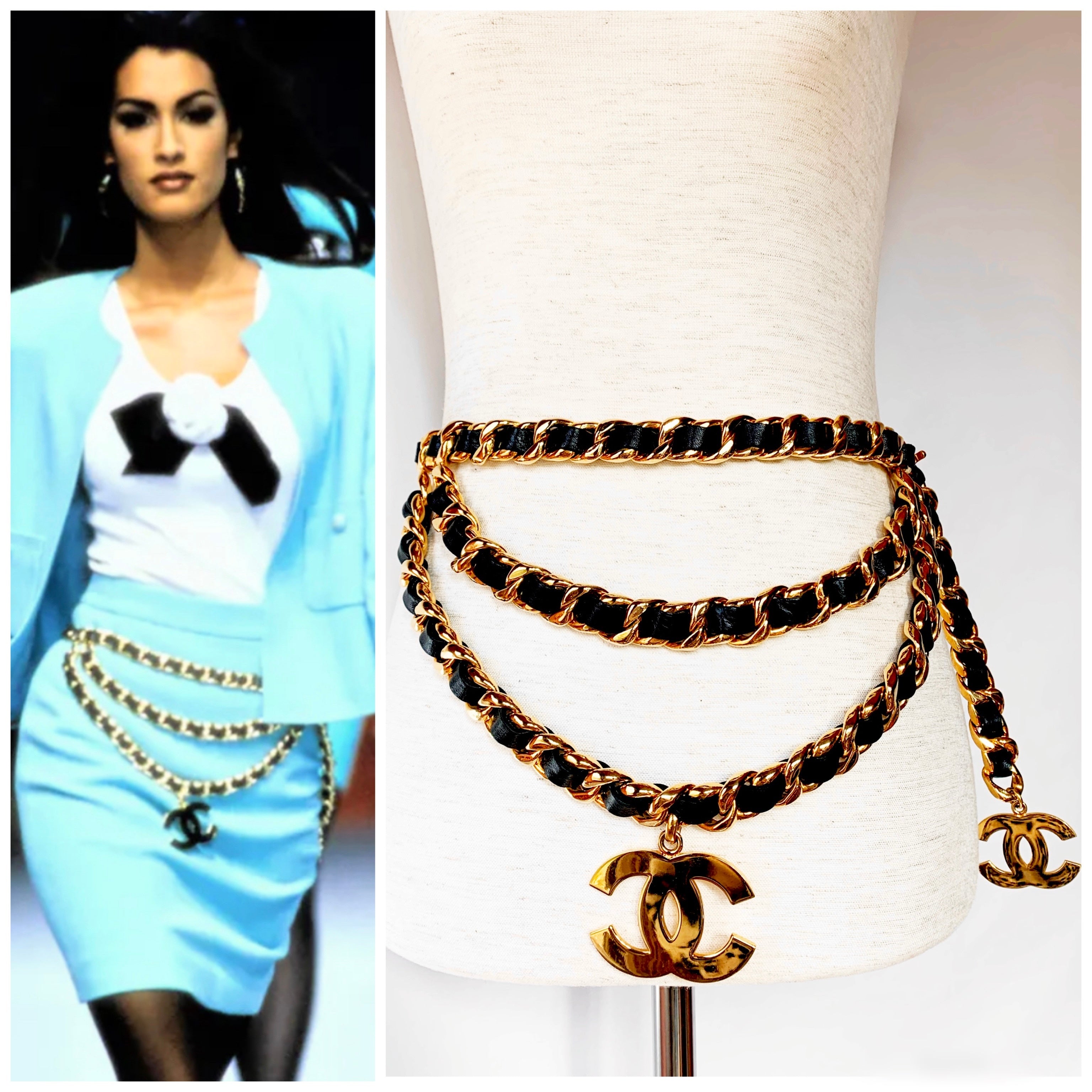 CHANEL TRIPLE DRAPED ICONIC RUNWAY JUMBO LOGO LEATHER CHAIN BELT NECKL ...
